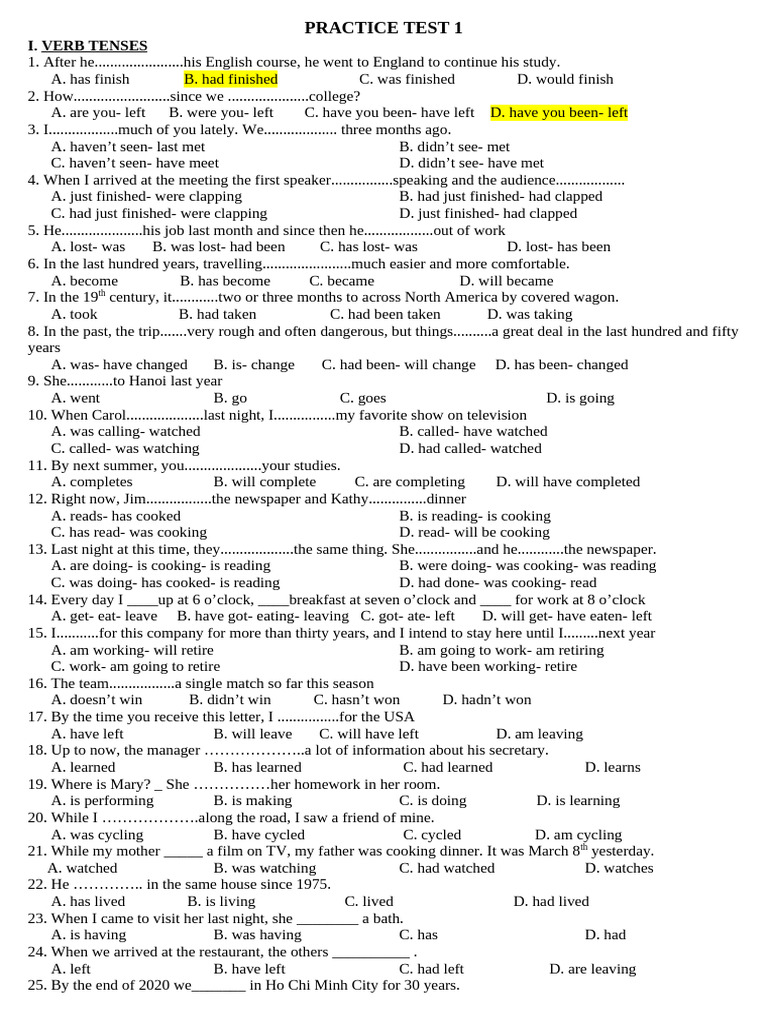 English Verb Tenses Practice Test | PDF