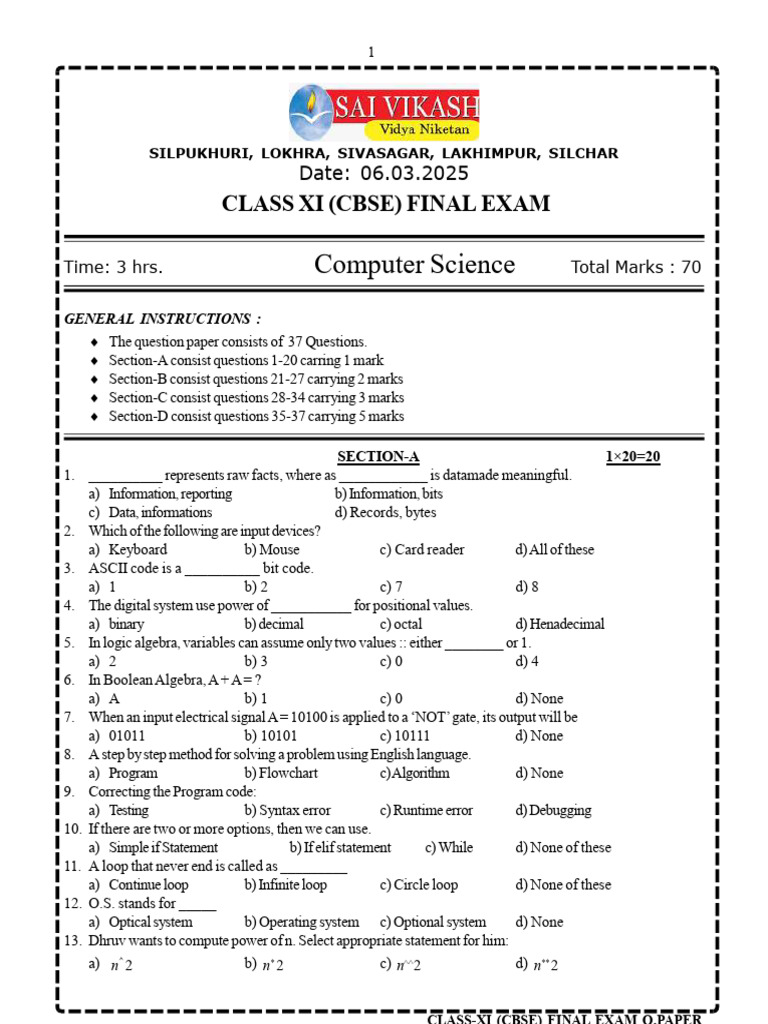 +1 (Cbse) Computer Final Exam Q. Paper (06.03.25) | PDF | Input/Output | Logic Gate