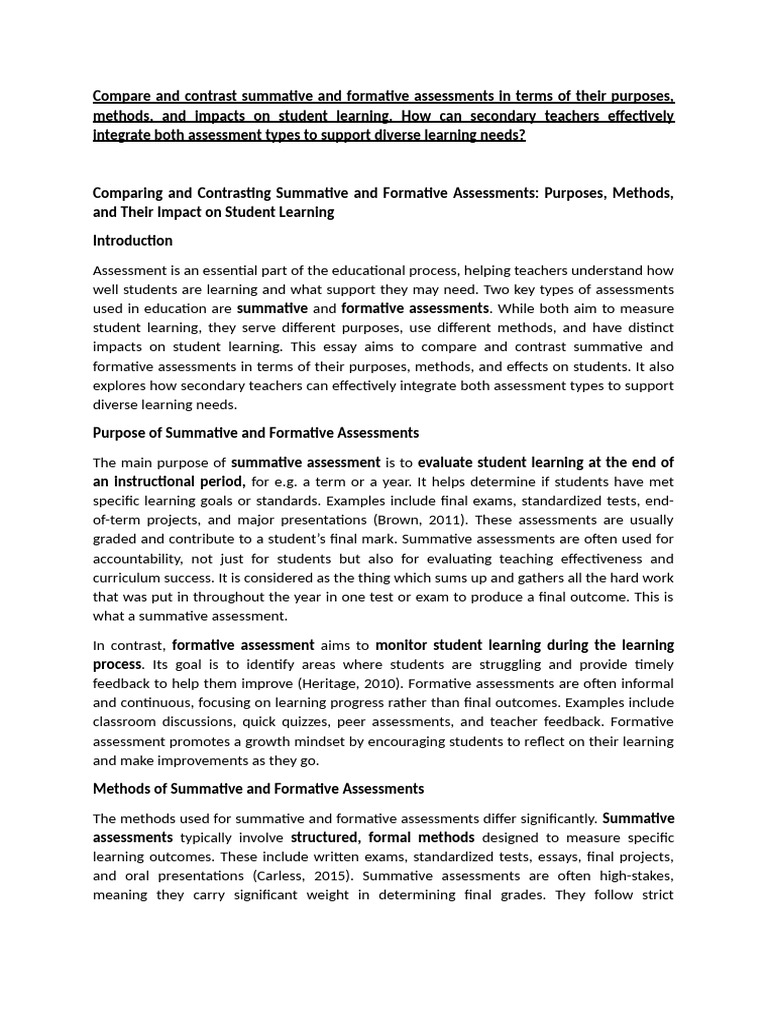 Compare and Contrast Summative and Formative Assessments in Terms of ...