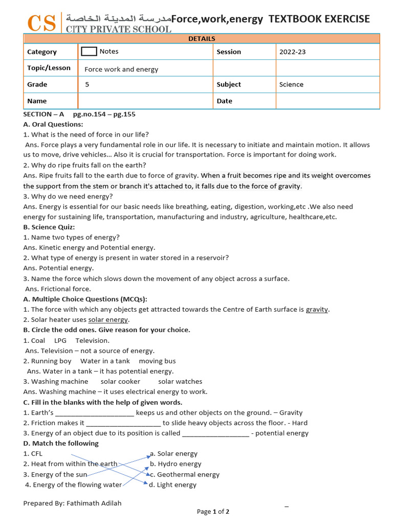 Text Book Exercises Force Work and Energy | PDF | Force | Potential Energy
