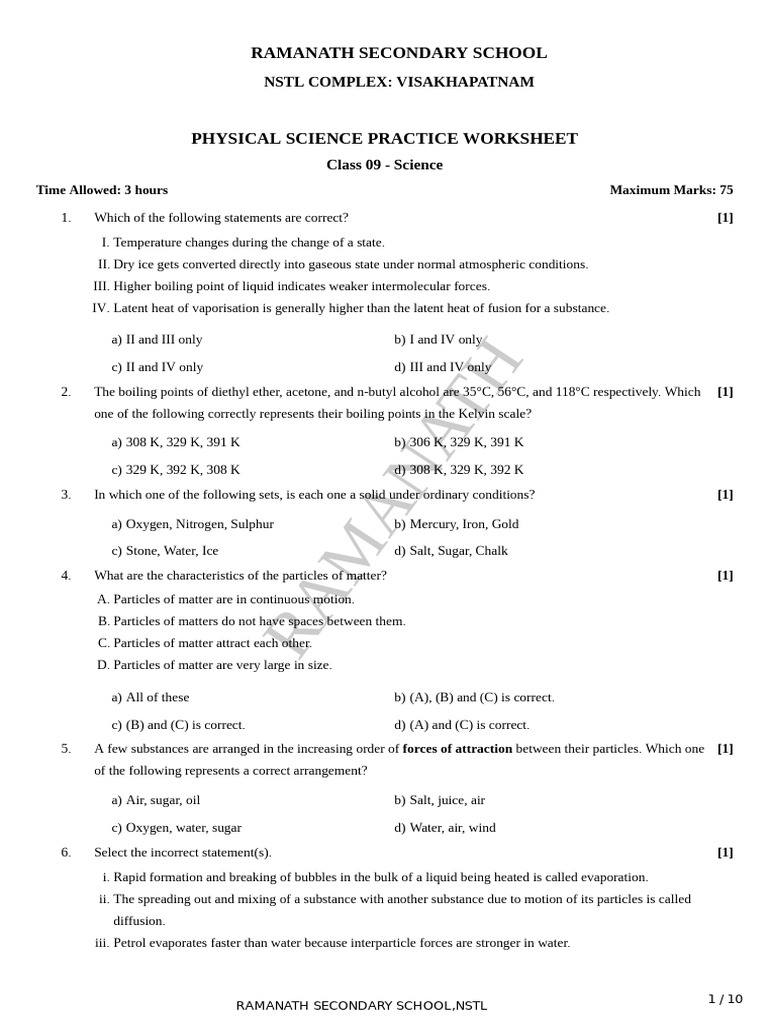 Class 9 Physical Science Practice Worksheet | PDF | Water | Latent Heat