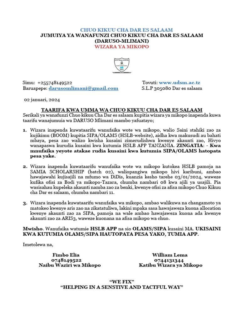 WIZARA YA MIKOPO 02.01.2024 Muhimu (Kindly READ) ..Taarifa | PDF