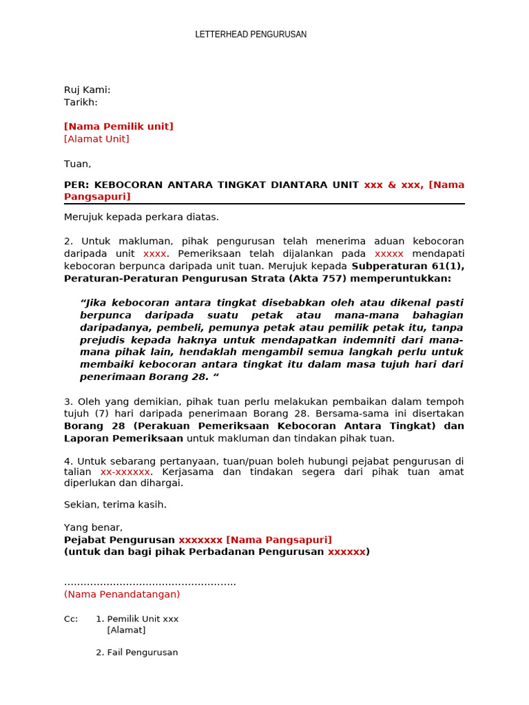 Surat-Kebocoran (Borang 28) | PDF