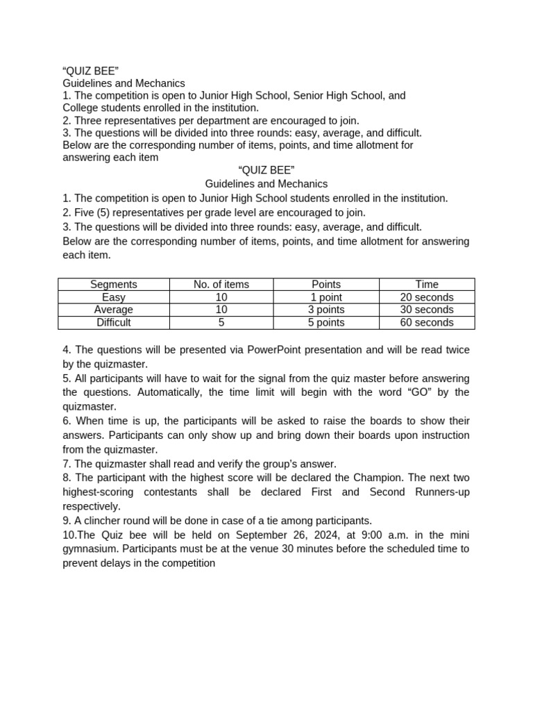 QUIZ BEE mechanics | PDF
