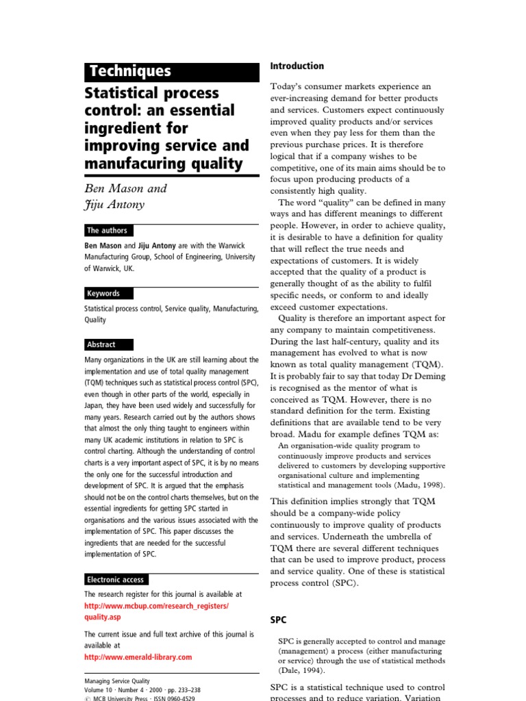 Statistical Process Control: An Essential Ingredient For Improving ...