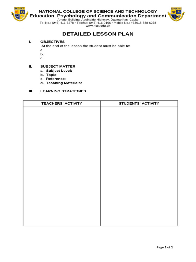 Detailed Lesson Plan Format | PDF