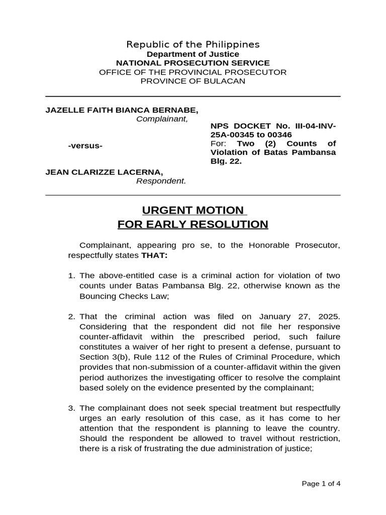 Urgent Motion For Early Resolution | PDF | Prosecutor | Criminal ...