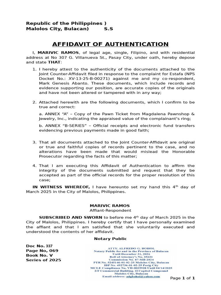 Affidavit of Authentication | PDF