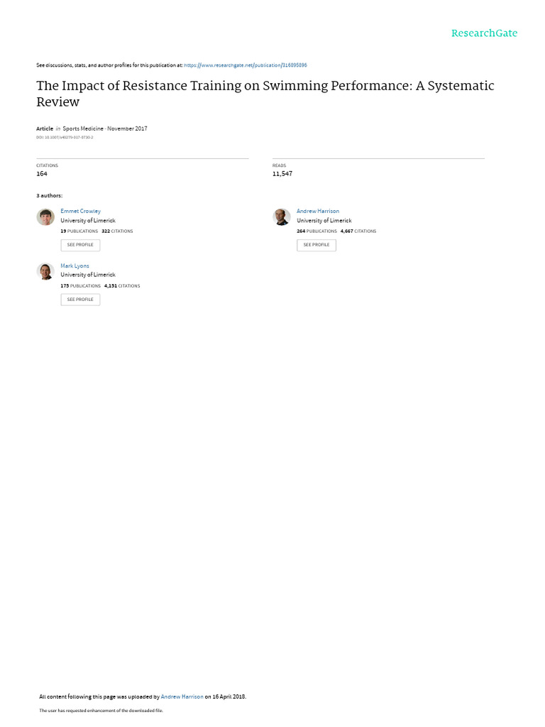 Systematicreviewswimming Sportsmed 2018 | PDF | Systematic Review | Strength Training