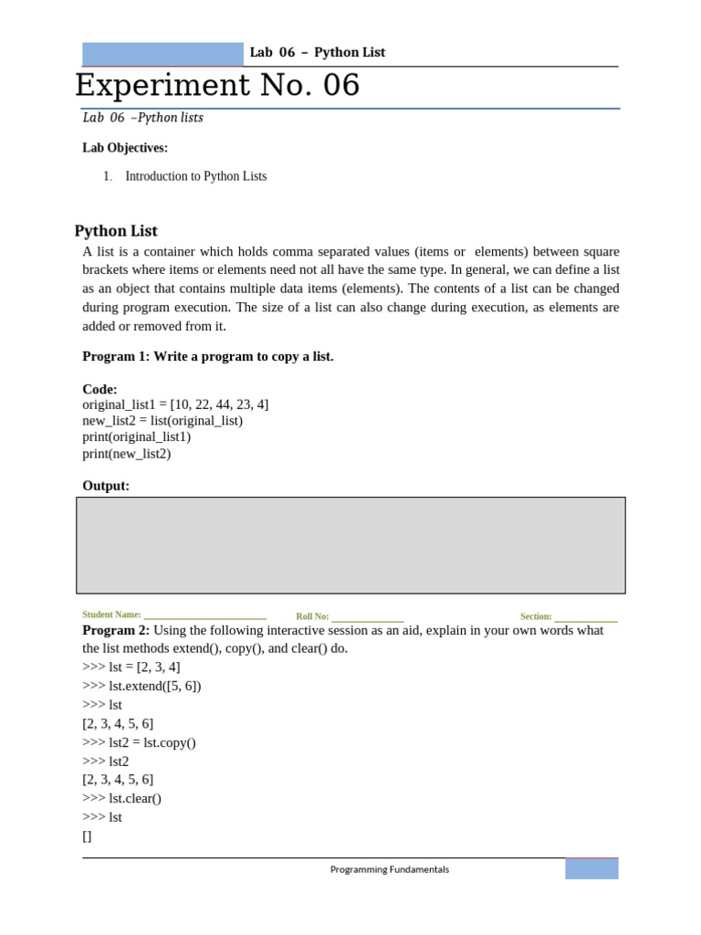 Programming Fundamentals Lab 6 (Lists) | PDF | Python (Programming Language) | Function ...