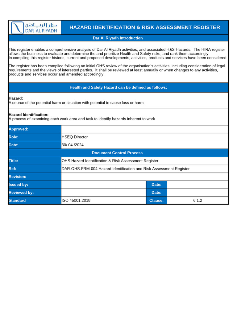 HIRA Register for Risk Assessment | PDF | Risk | Personal Protective ...
