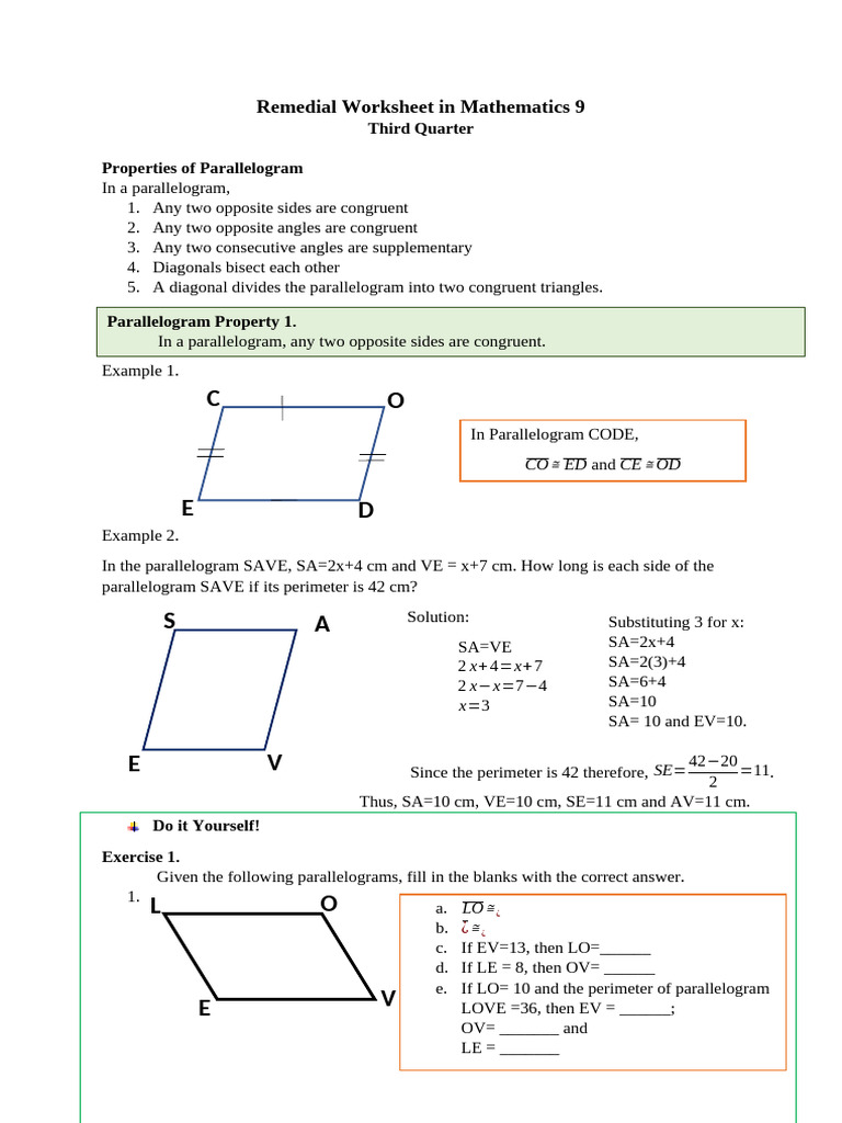 Remedial Worksheet in Mathematics 9 | PDF | Geometry | Elementary ...