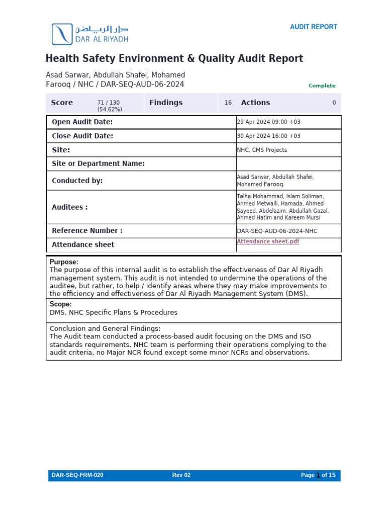 NHC-DAR-SEQ-AUD-06-2024 | PDF | Auditor's Report | Safety