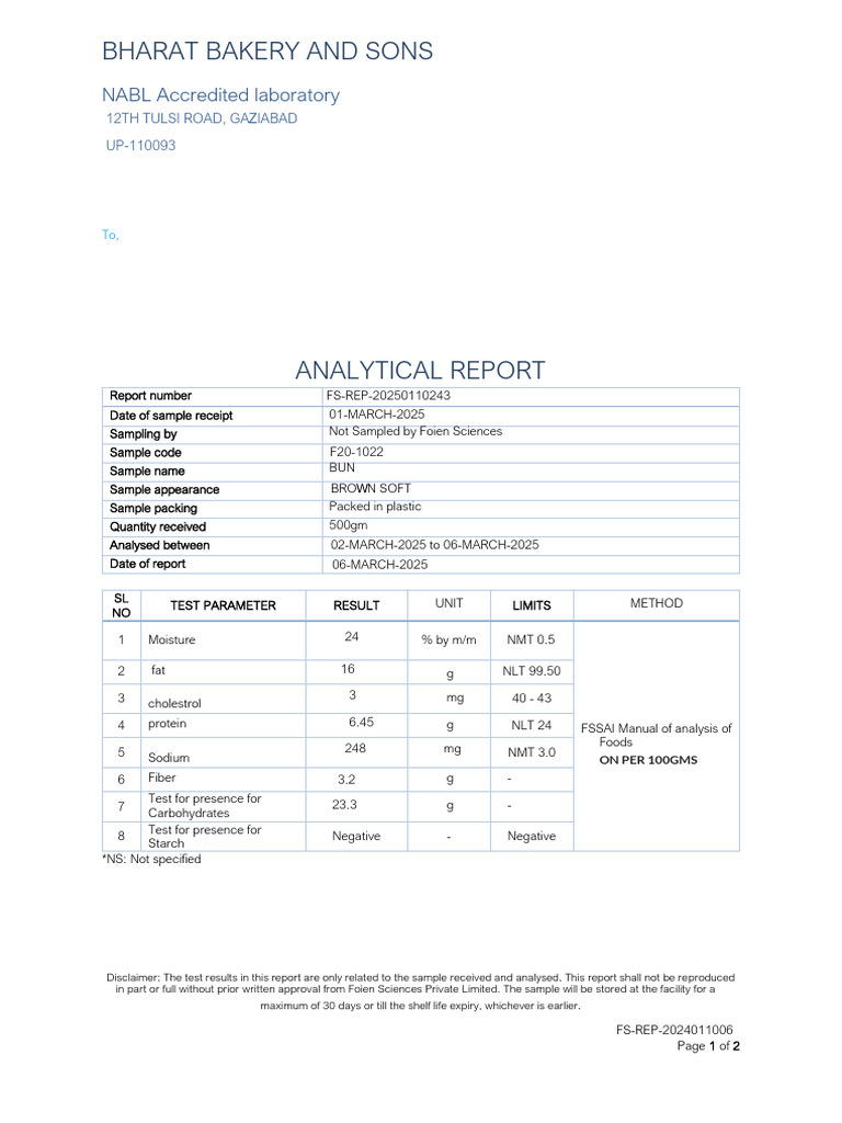 Bharat Bakery Nutritional Analysis Report | PDF | Chemistry