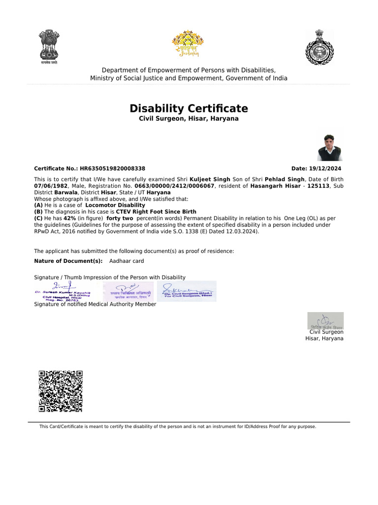 Disability Certificate for Locomotor Disability | PDF