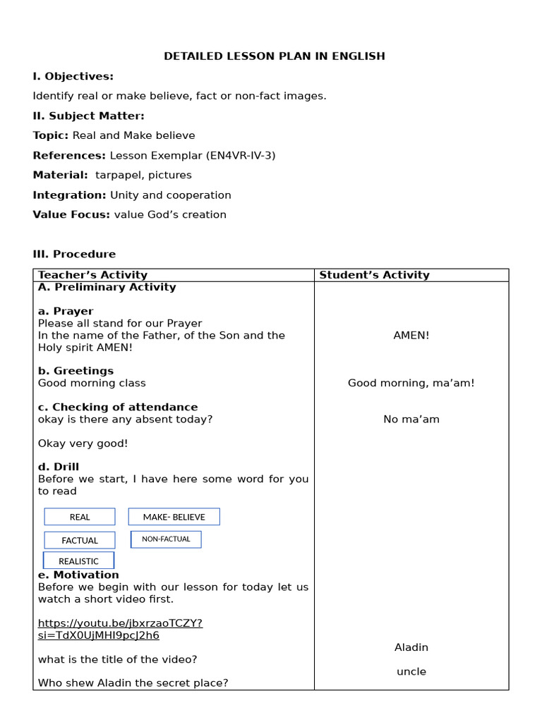 Lesson Plan: Real vs. Make-Believe | PDF