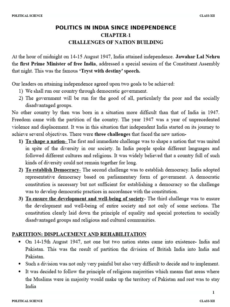 12 Political Science - Challenges of Nation Building - Notes VL | PDF ...