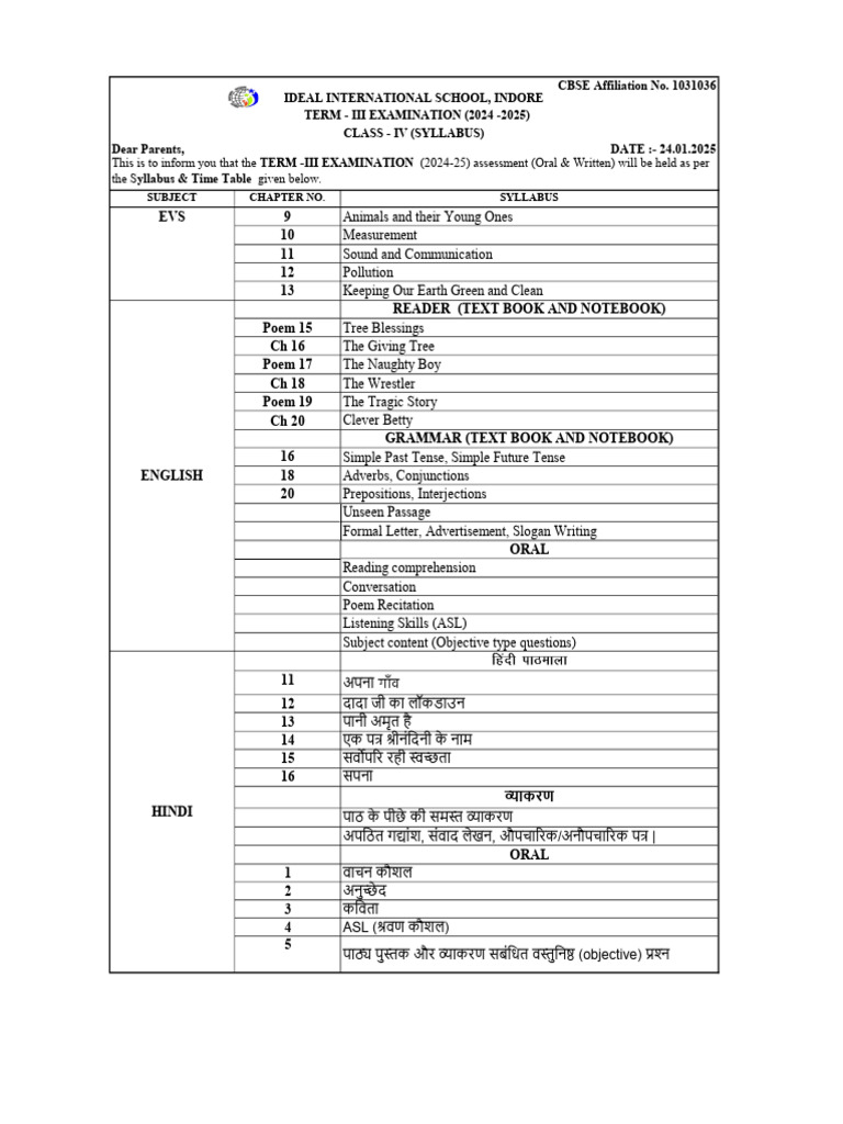 Class IV Term III Exam Syllabus 2024-25 | PDF | Linguistics
