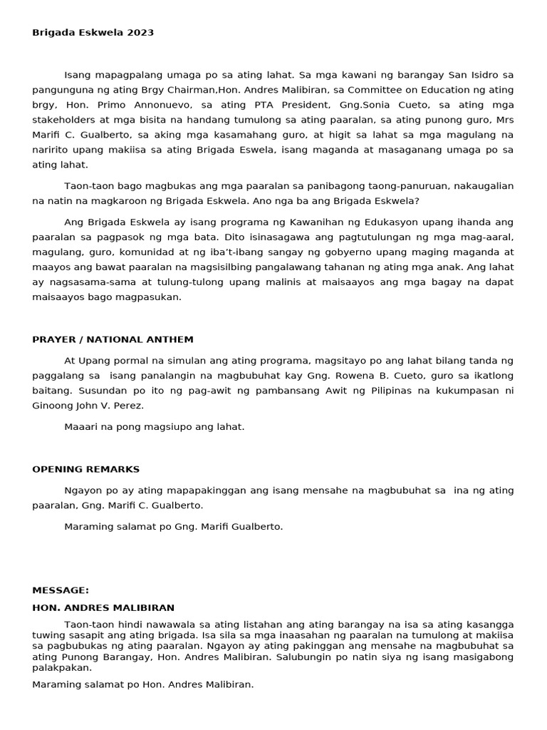 Brigada Eskwela 2023 SCRIPT | PDF