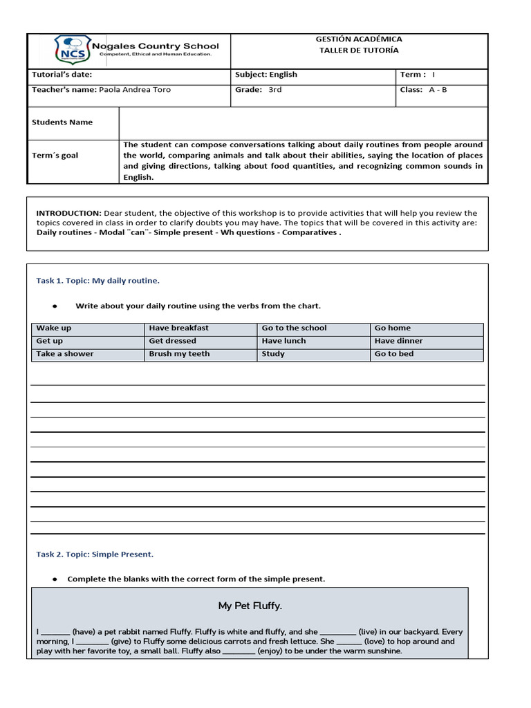 3rd Grade - English Tutorial Workshop - First Term | PDF | Linguistic ...