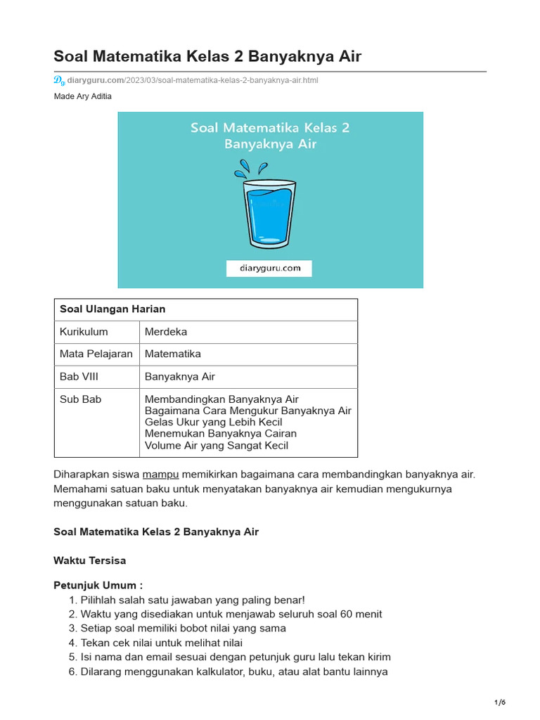 Soal Matematika Kelas 2 Banyaknya Air | PDF