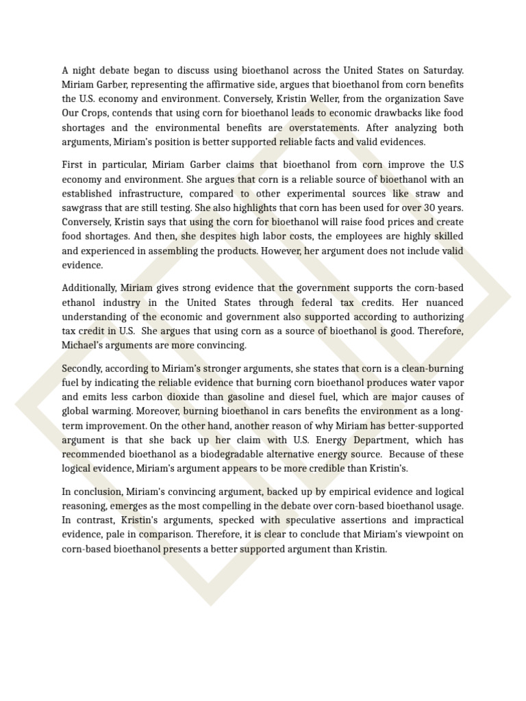 Bioethanol Debate: Corn's Economic Impact | PDF | Ethanol | Argument