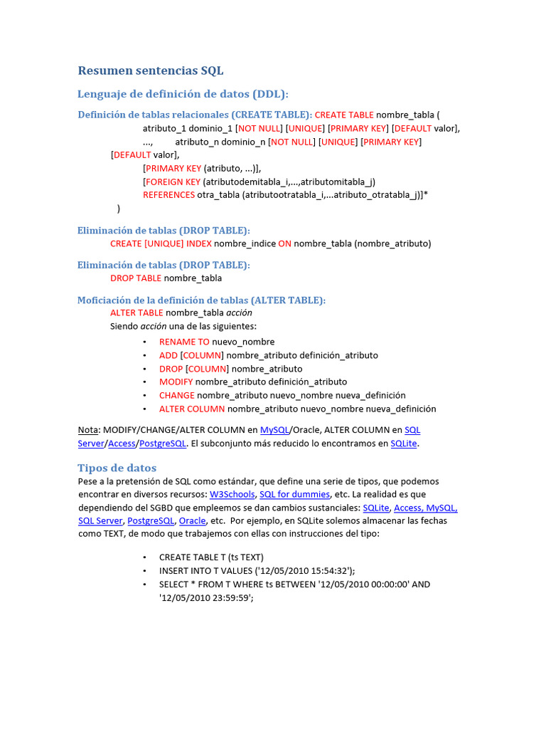 Resumen-sentencias-SQL | PDF | SQL | Gestión de datos