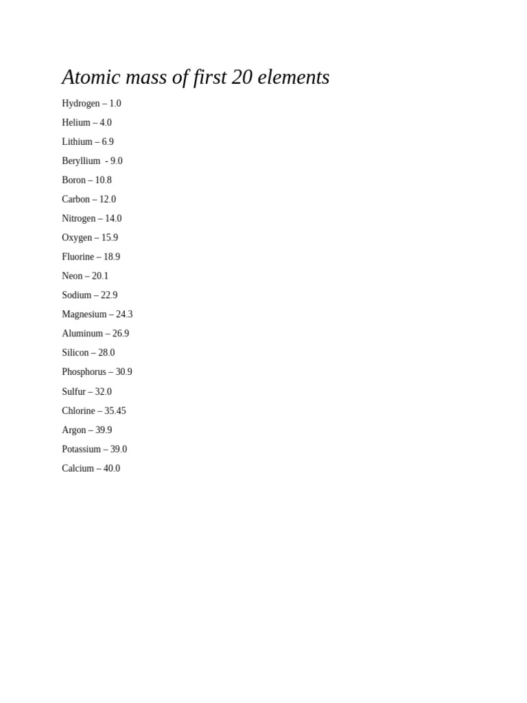 Atomic Mass of First 20 Elements | PDF