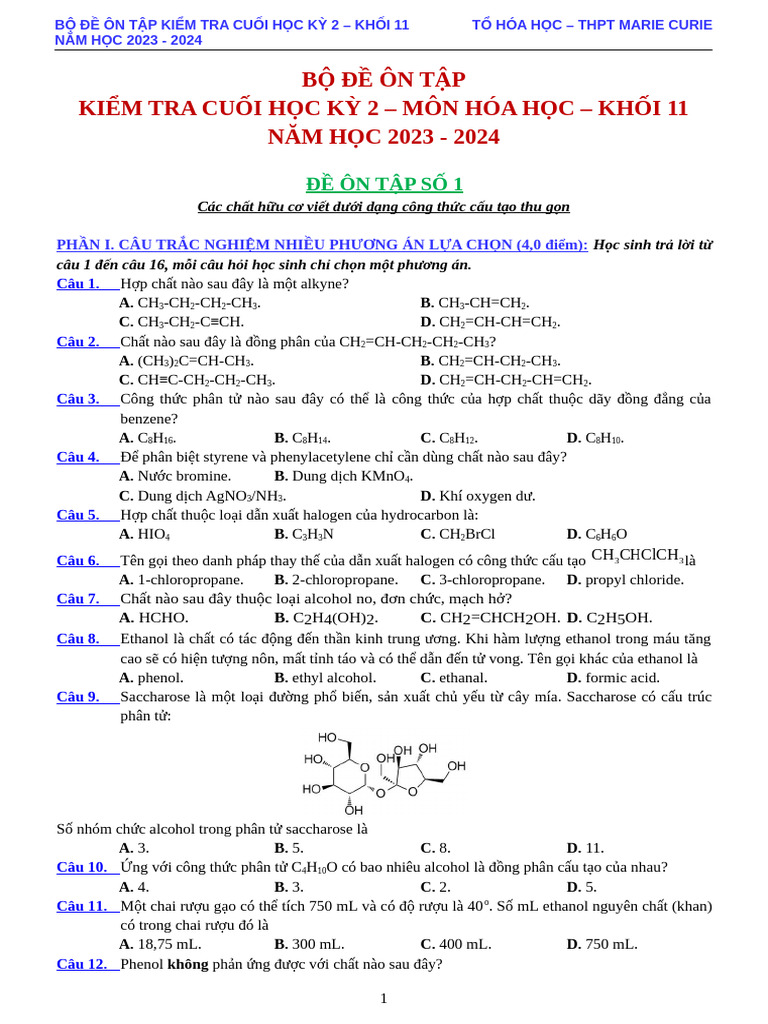 ĐỀ ÔN TẬP KT CUOI HK2 - HÓA 11 - HS | PDF