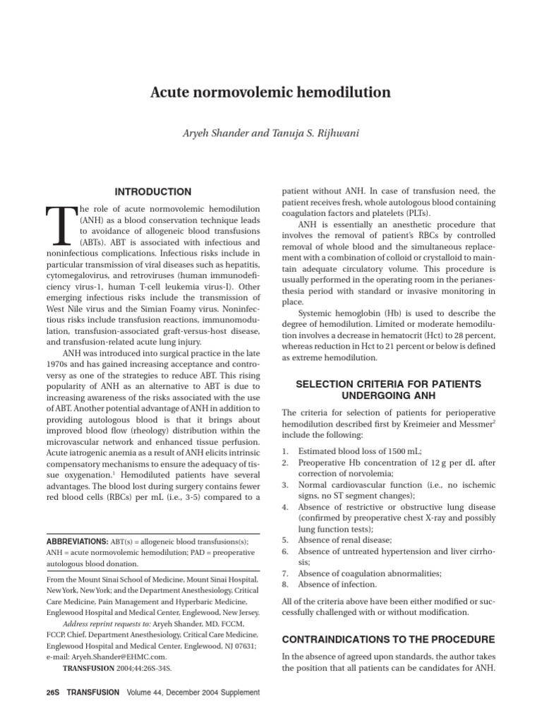 Acute Normovolemic Hemodilution (Shander, 2004) | PDF | Anemia | Blood ...