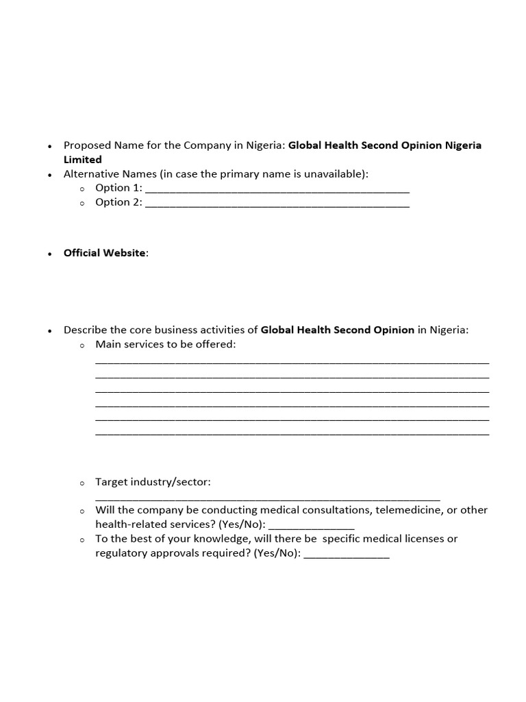 Foreign Company Registration Questionnaire For Global Health Second ...