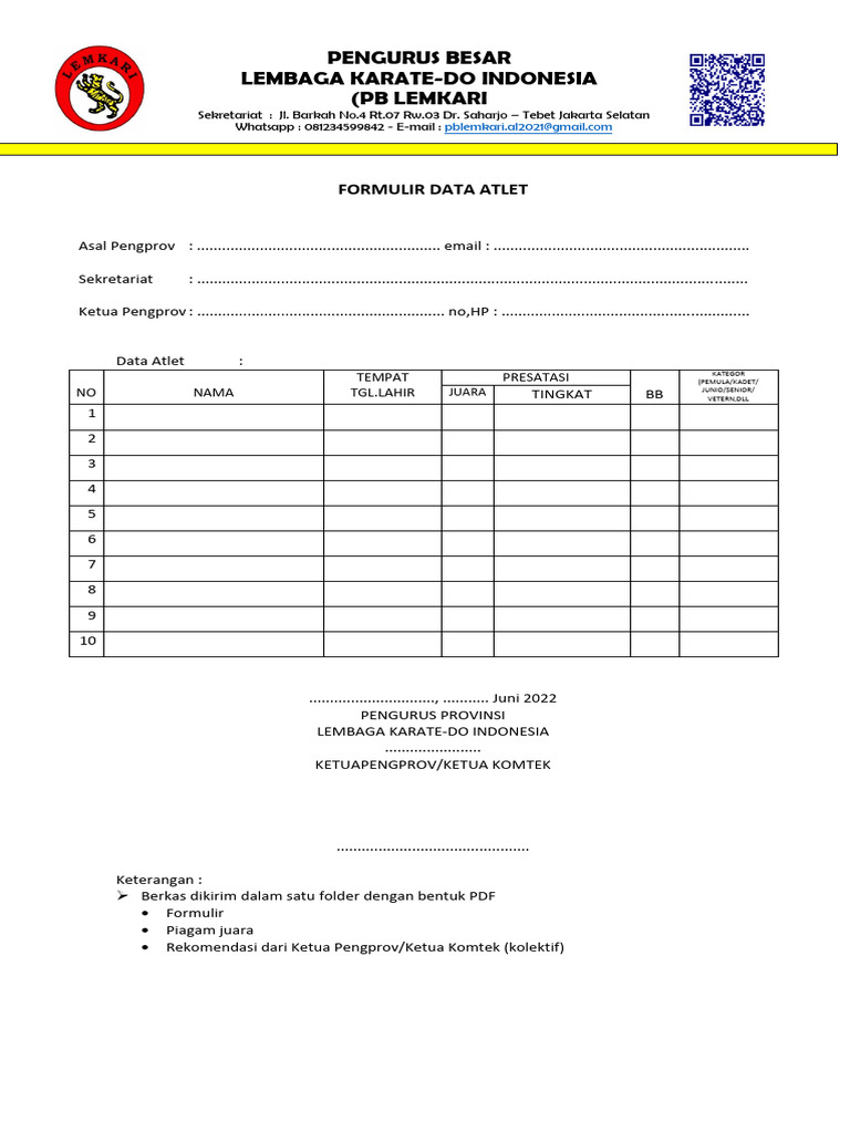 Form Data Atlet Tiap Pengprov | PDF