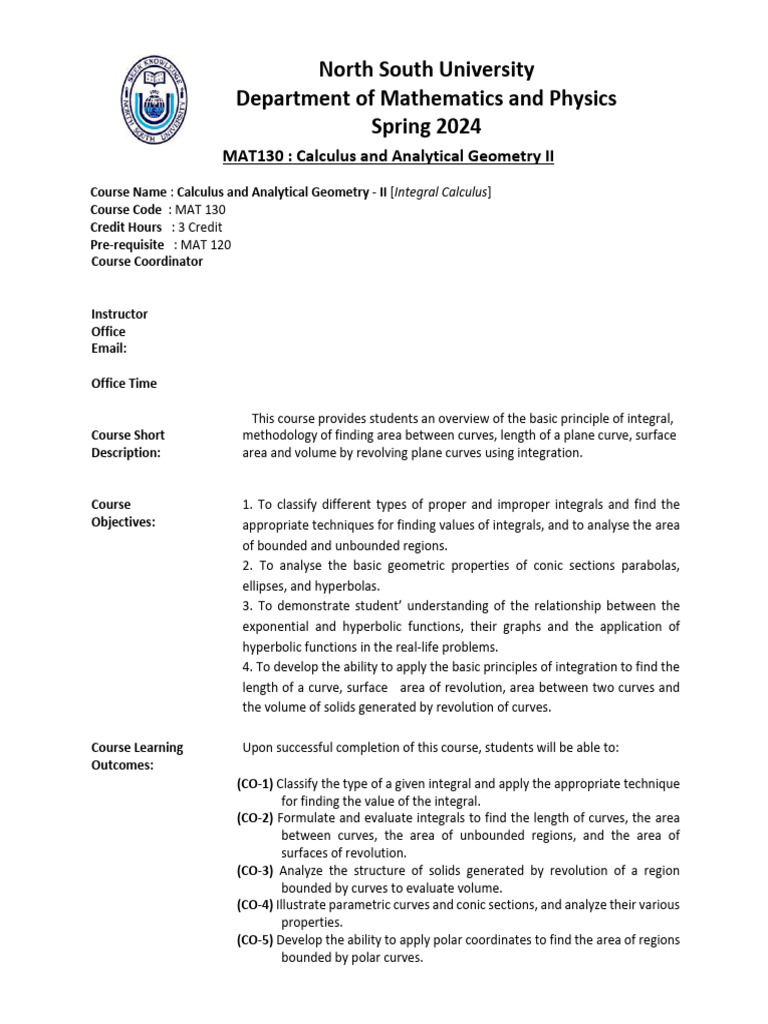 Course Outline MAT 130 CALCULUS | PDF | Integral | Curve