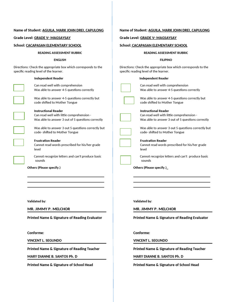 Form 1 Reading Assessment Rubric | PDF | Reading Comprehension ...