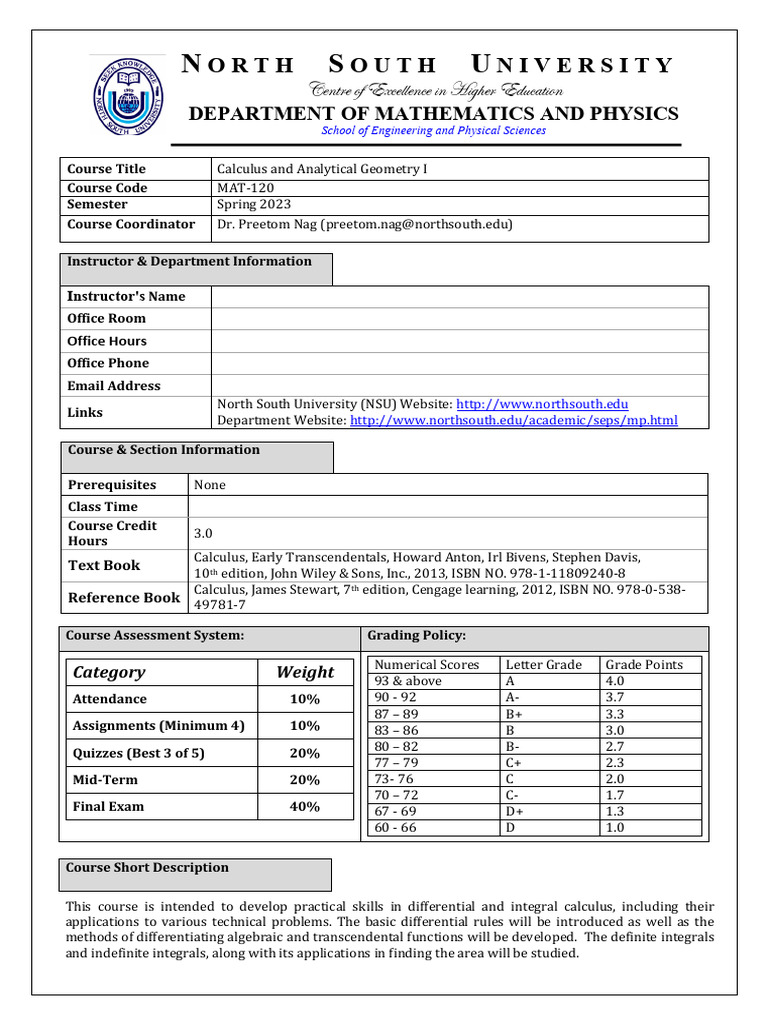 Course Outline MAT 120 CALCULUS | PDF | Integral | Function (Mathematics)