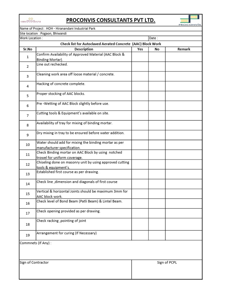 AAC Block Work Checklist Guide | PDF