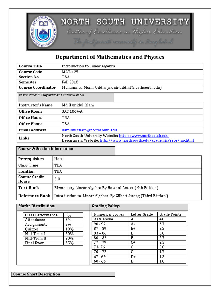 Course Outline Mat 125 Linear Algebra | PDF | Eigenvalues And Eigenvectors | Linear Map