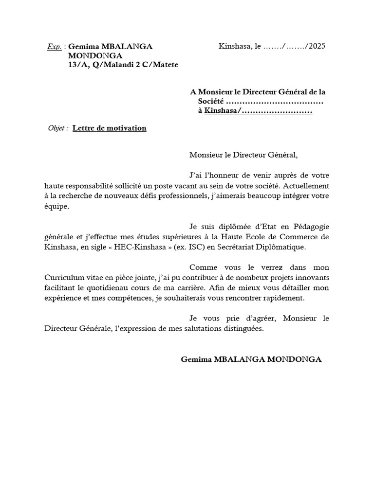 Lettre de motivation de Gemima Mbalanga | PDF