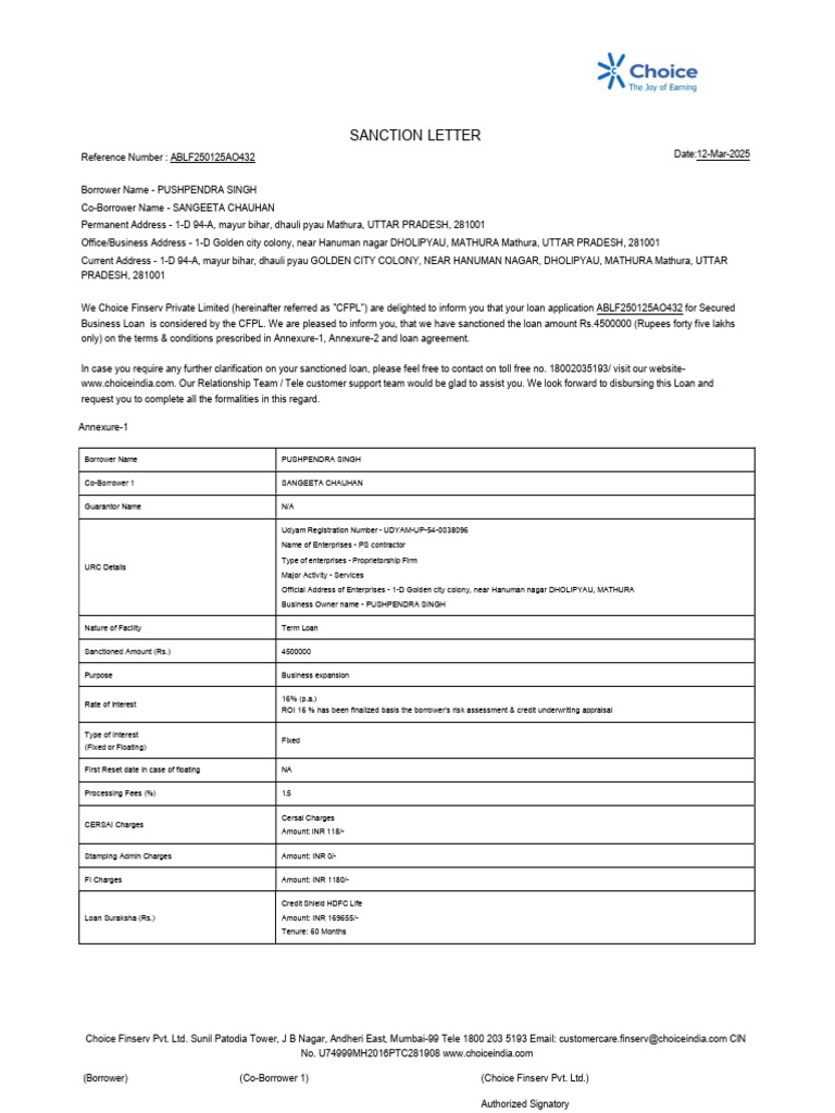 Revised Sanctio Letter Pushpendra-1 | PDF | Loans | Insurance