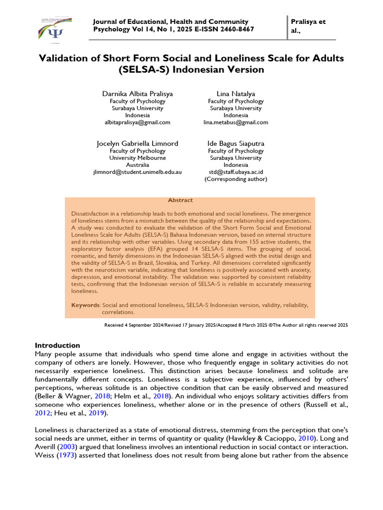 Validation of Short Form Social and Loneliness Scale For Adults (SELSA ...