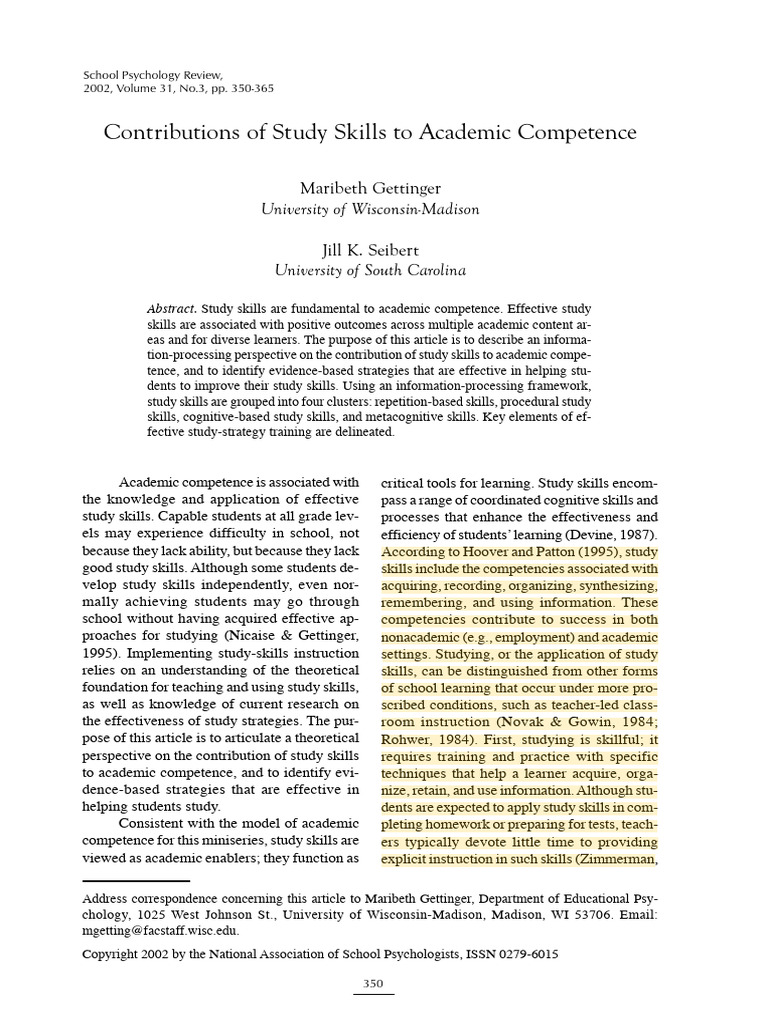 Contributions of Study Skills To Academic Competen | PDF ...