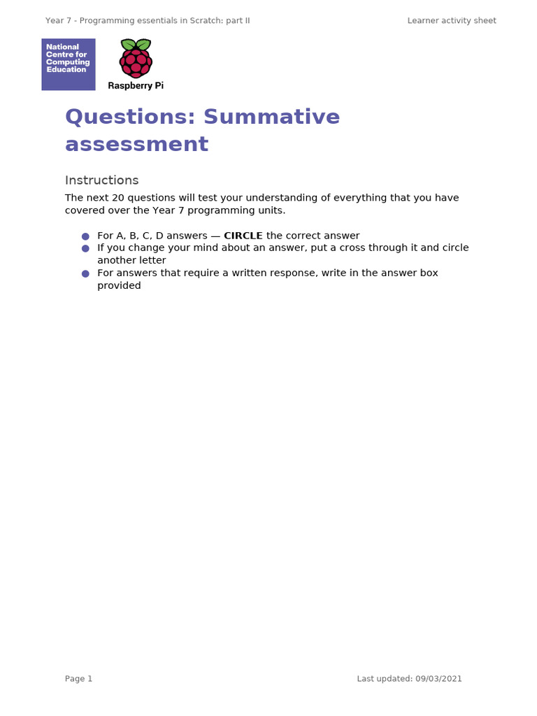 Year 7 Scratch Programming Assessment | PDF | Control Flow | Scratch ...