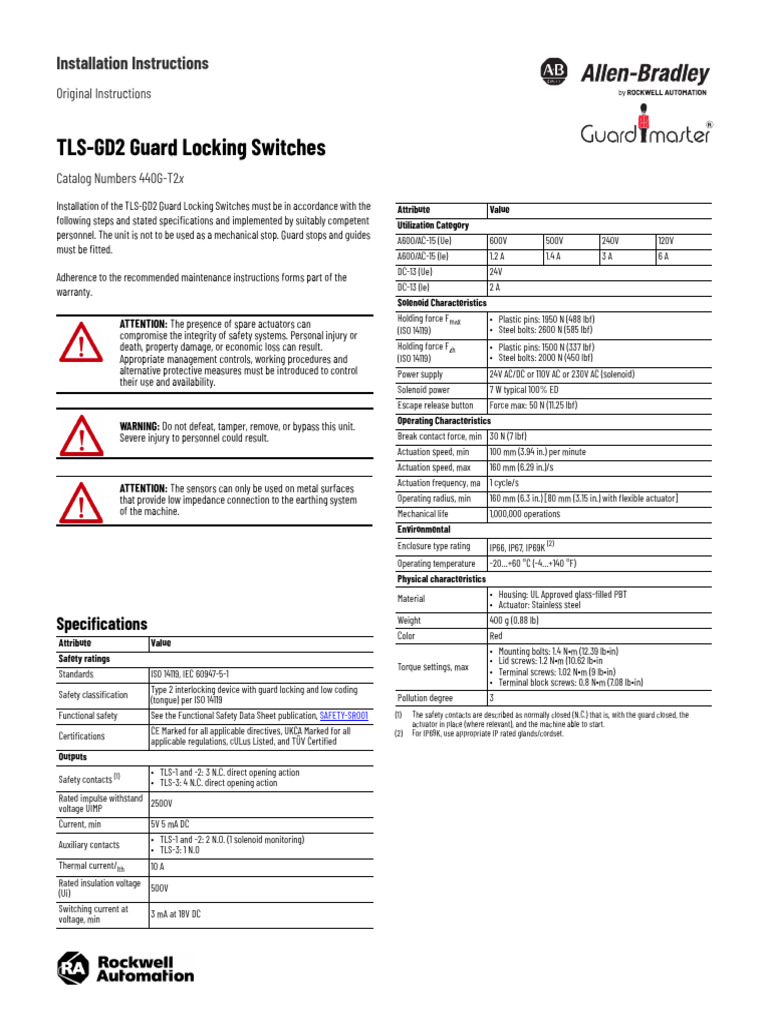 TLS-GD2 Guard Locking Switch Setup Guide | PDF | Switch | Electrical ...