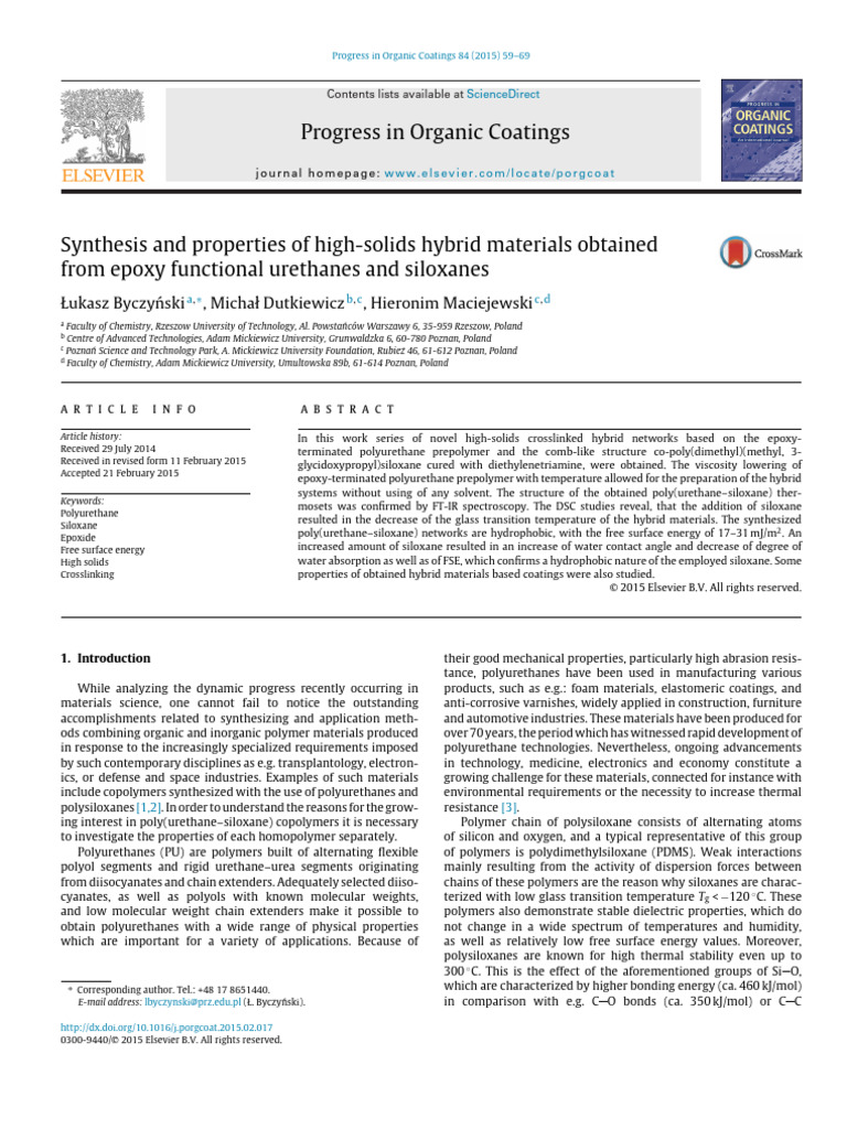 Synthesis and Properties of High-Solids Hybrid Materials Obtained From Epoxy Functional ...