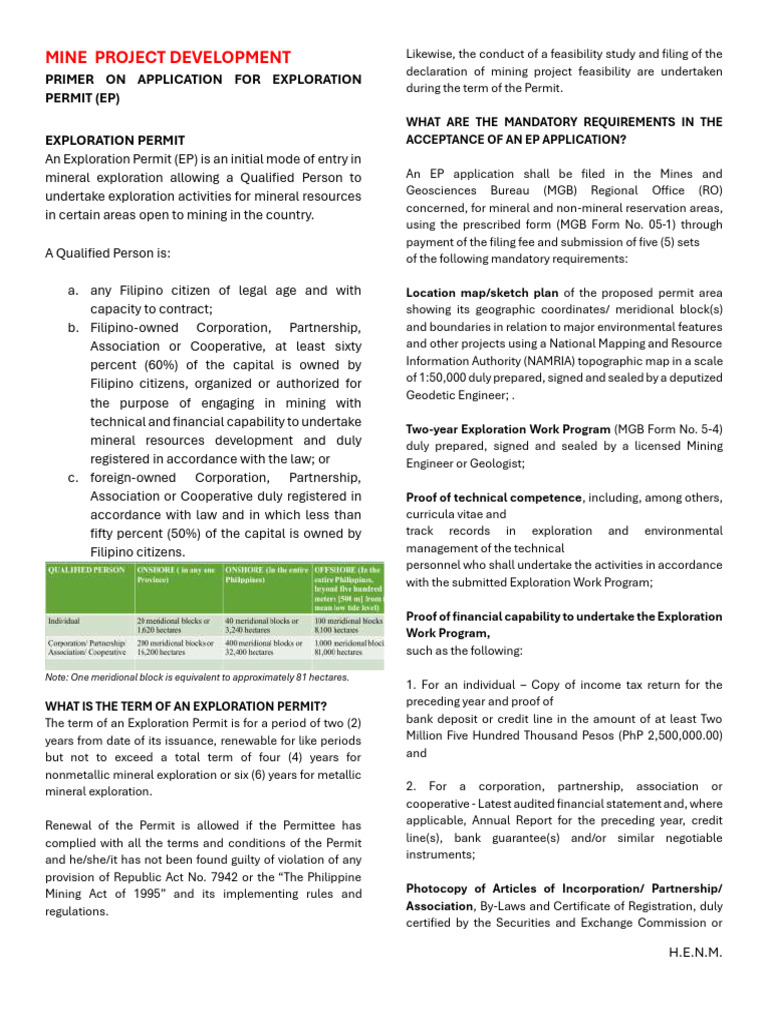 Mine Project Development - Exploration Permit | PDF | Mining