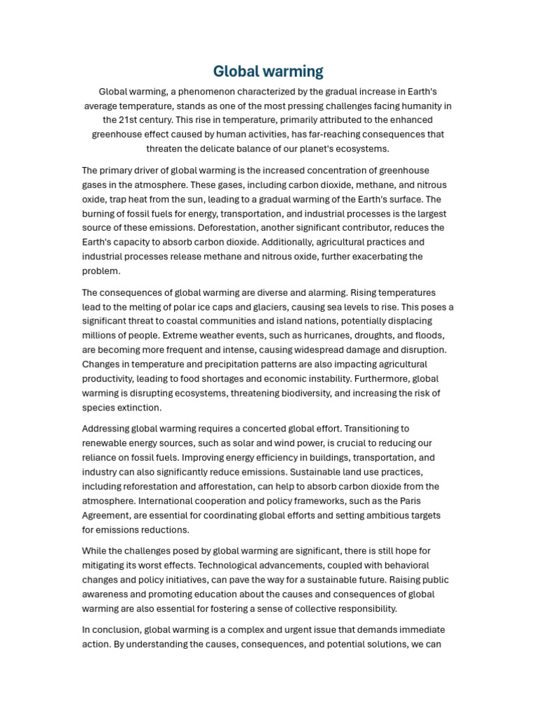 Global Warming Essay | PDF | Climate Change | Greenhouse Gas