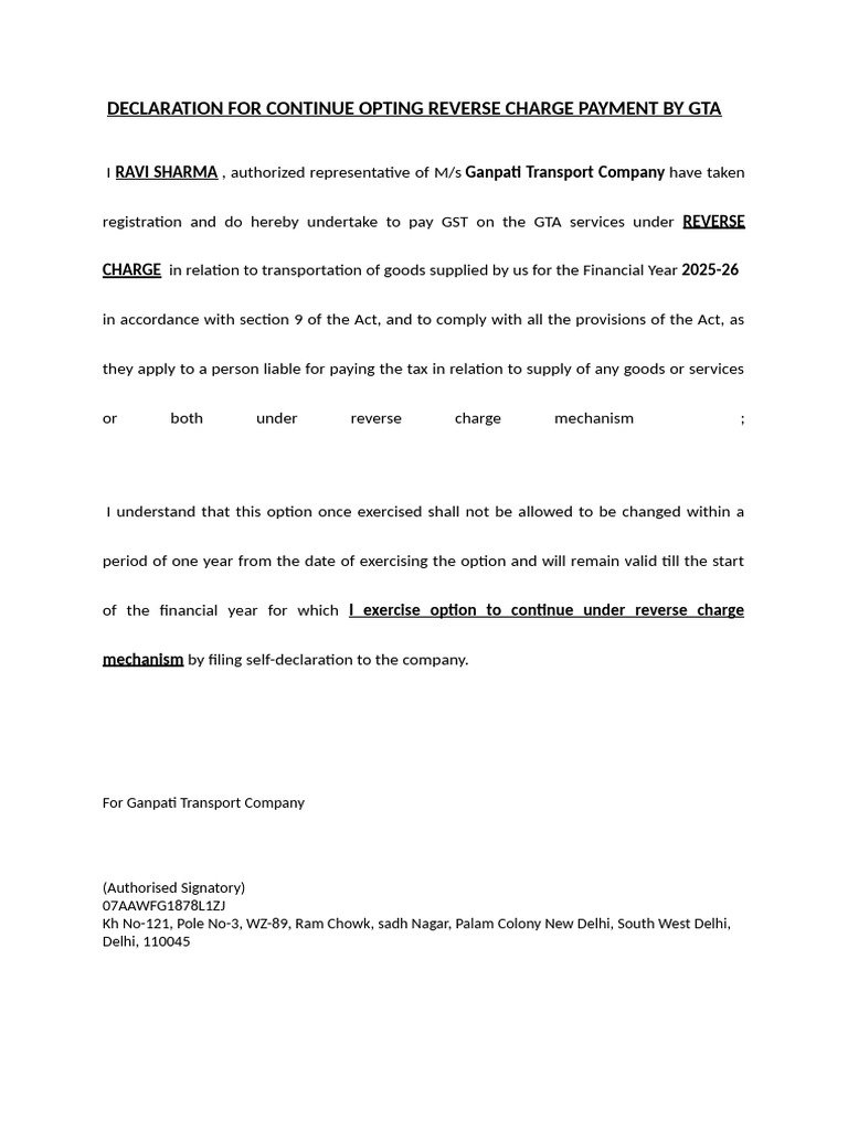 Declaration For Continue Opting Reverse Charge Payment by Gta | PDF