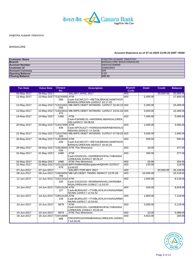 Canara Bank Statement 1 | PDF | Debit Card | Fee