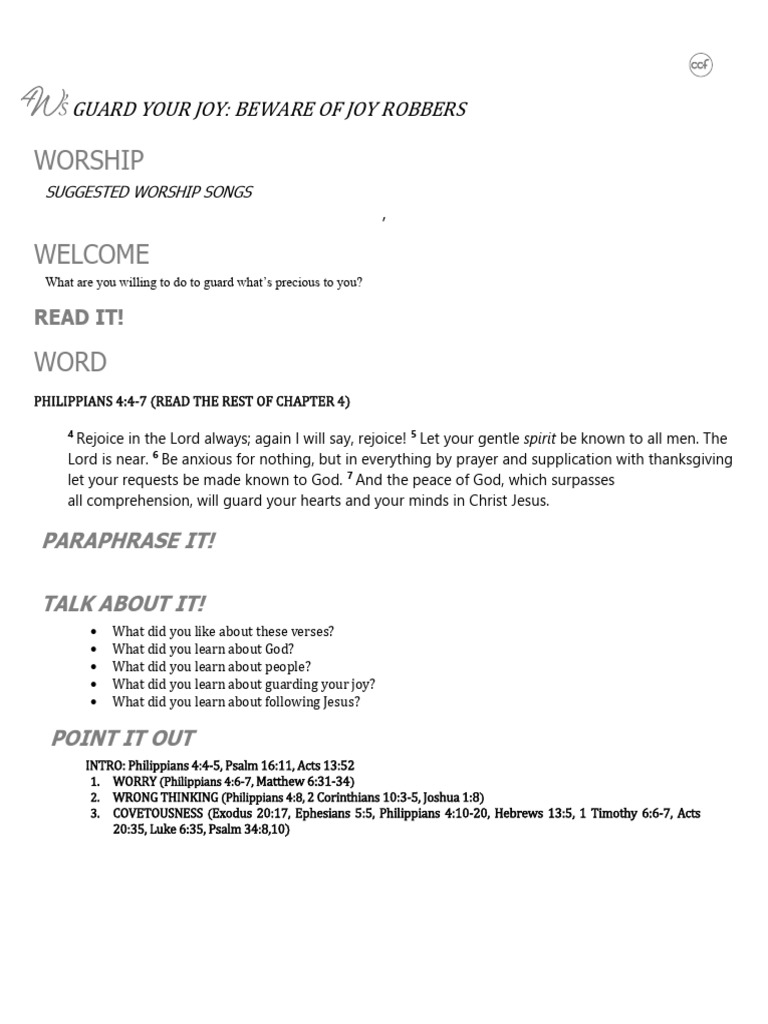 4Ws 030925 GUARD YOUR JOY BEWARE OF JOY ROBBERS - GV | PDF | Prayer | Jesus
