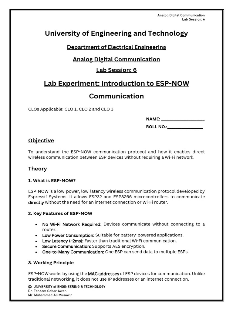 Lab Experiment Manual Introduction To ESP NOW Communication (Lab Session 6) | PDF | Computer ...